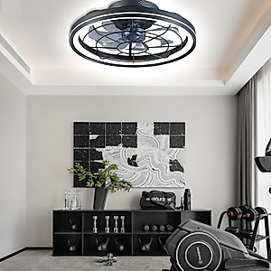 AVORHING Ceiling Fan with lights Remote Control,20" Low Profile Ceiling Fan,6 Wind Speeds Dimmable Caged Flush Mount Ceiling Fan,Smart Modern Ceiling Fan for Kids Room,Bedroom, Kitchen (Black)