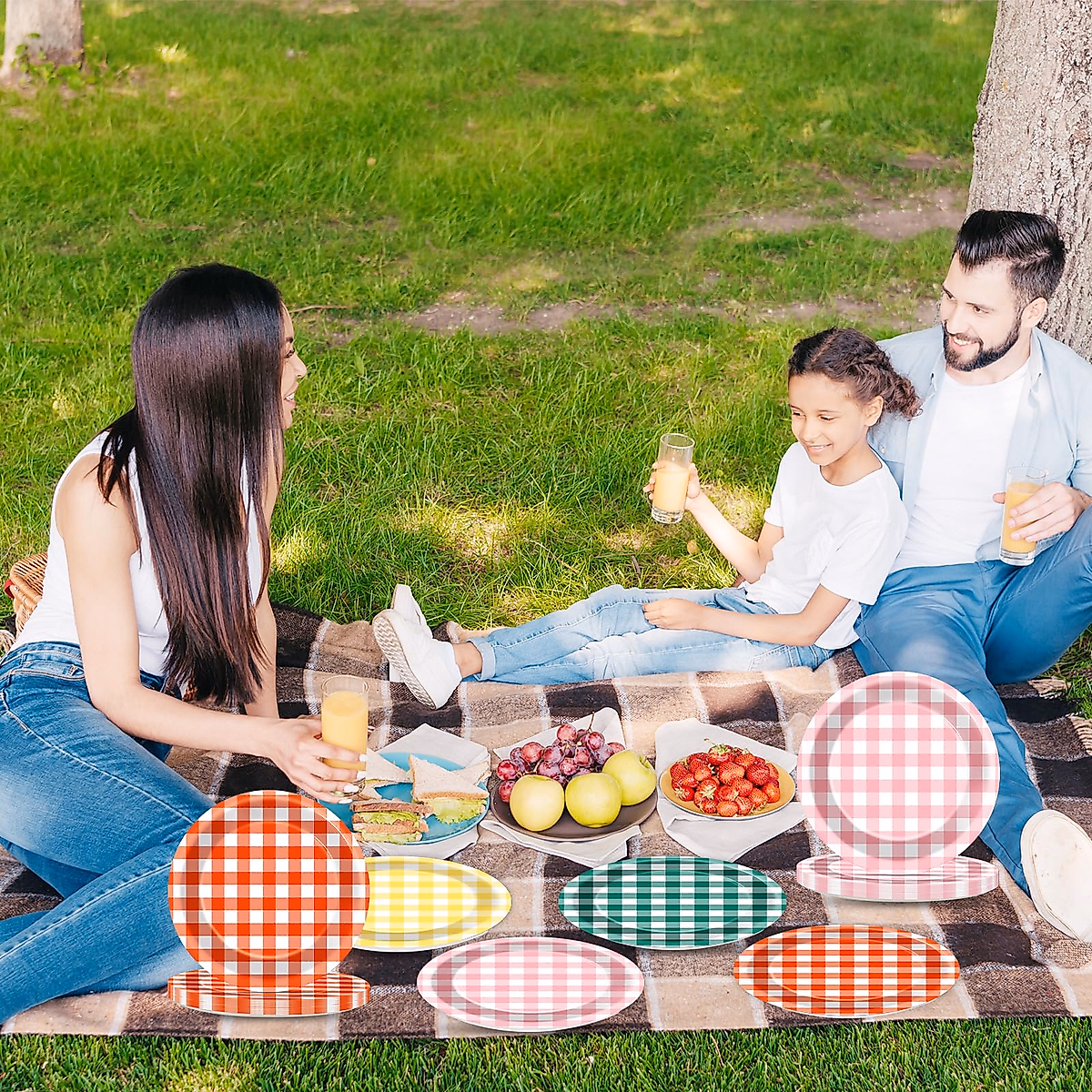 Lonfliness 48Pcs Camp Gingham Paper Plates 7Inch Gingham Checkered Bachelorette Party Supplies Glamping Birthday Tableware Dinnerware Set Summer Plaid Camping Themed Party Favors Baby Bridal Shower
