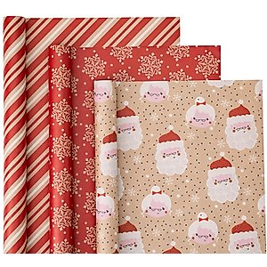 WRAPAHOLIC Kraft Christmas Wrapping Paper Roll - Mini Roll - 3 Rolls - 17 Inch X 120 Inch Per Roll - Red and White Santa Claus, Snowflake Holiday Collection with Faint Fragrance