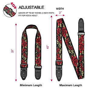 Adjustable Guitar Strap for Electric/Acoustic Guitar/Bass, Includes 2 Picks + Strap Locks + Strap Button, Cotton Jacquard Embroidered Genuine leather Ends Guitar Straps with 1 Pick Holder, Rose