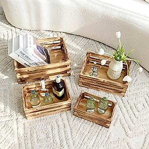 JUMBO HUMBLE Large Torched Wood Storage Crates Decorative, Set of 4 Nesting Wooden Crates for Display Rustic, Farmhouse Wooden Storage Container Boxes Made from 100% Wood