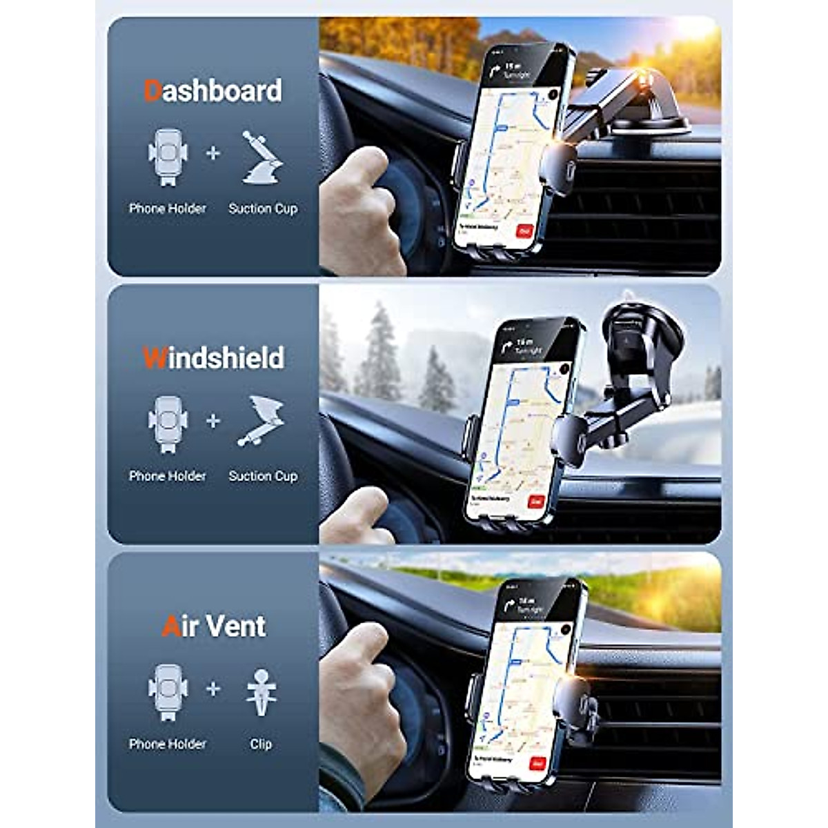 TORRAS 3 in 1 Phone Mount for Car, Dashboard Phone Holder Vent Clip Cell Phone Holder for Car Windshield, Cell Phone Automobile Cradles Rotatable and Retractable Car Phone Holder Hands Free
