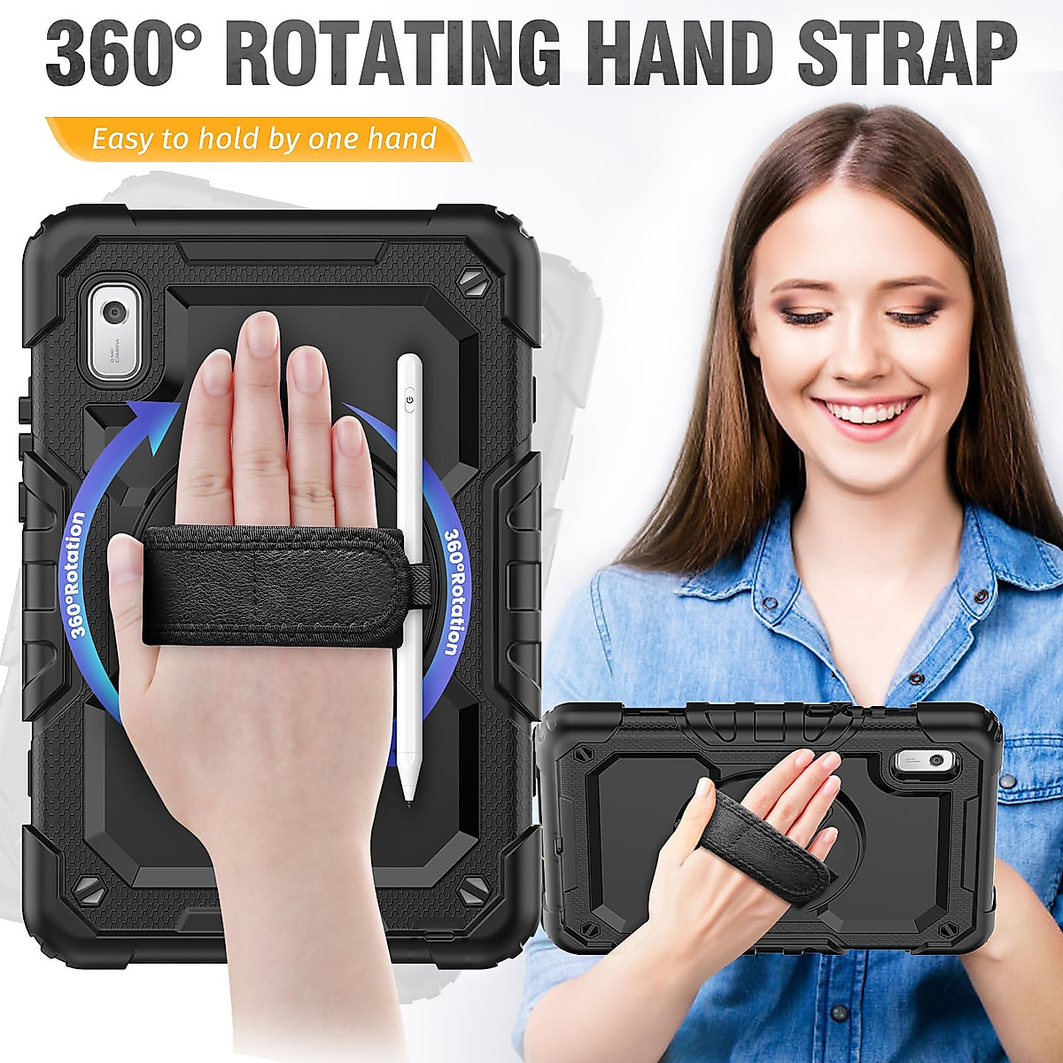 HXCASEAC Case for Lenovo Tab M8 (HD/FHD/Smart) 2019/2021 3rd/2nd Gen (TB-8506FS TB-8506F TB-8505F TB-8505X TB-8505FS TB-8705F TB-8705N), M8 Tablet Case Screen Protector/Hand Strap/Stand, Black