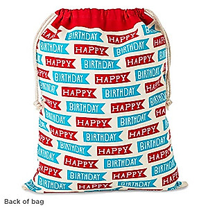 Hallmark 19" Large Birthday Drawstring Gift Bag (Red and Blue "Happy Birthday" Flags) for Kids, Grandchildren, Adults, Coworkers, Friends