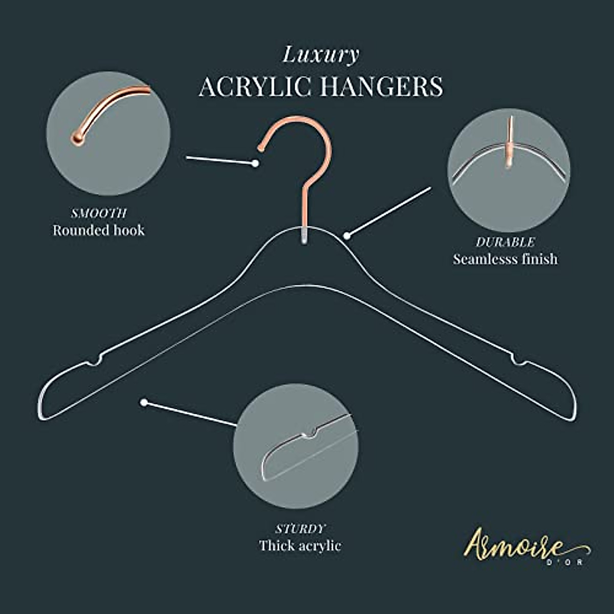 Acrylic Hangers (Rose Gold) Boutique Hangers Premium Clear Lucite Plexiglass Clothes Hangers