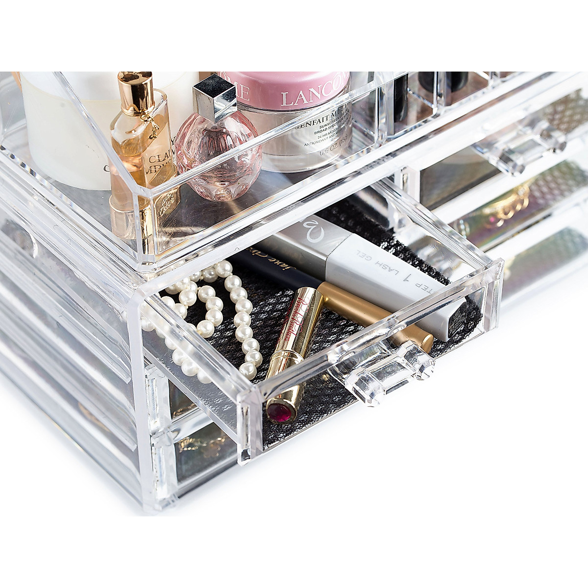 Clear Cosmetic Storage Organizer - Easily Organize Your Cosmetics, Jewelry and Hair Accessories. Looks Elegant Sitting on Your Vanity, Bathroom Counter or Dresser. Clear Design for Easy Visibility.