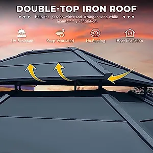 Erinnyees 12' x 14' Hardtop Gazebo,Iron Double Roof Gazebo with Curtains and Netting, Waterproof Canopy Gazebo with Anti-Rust Coating Frame for Patios, Gardens, Lawns, and Backyard