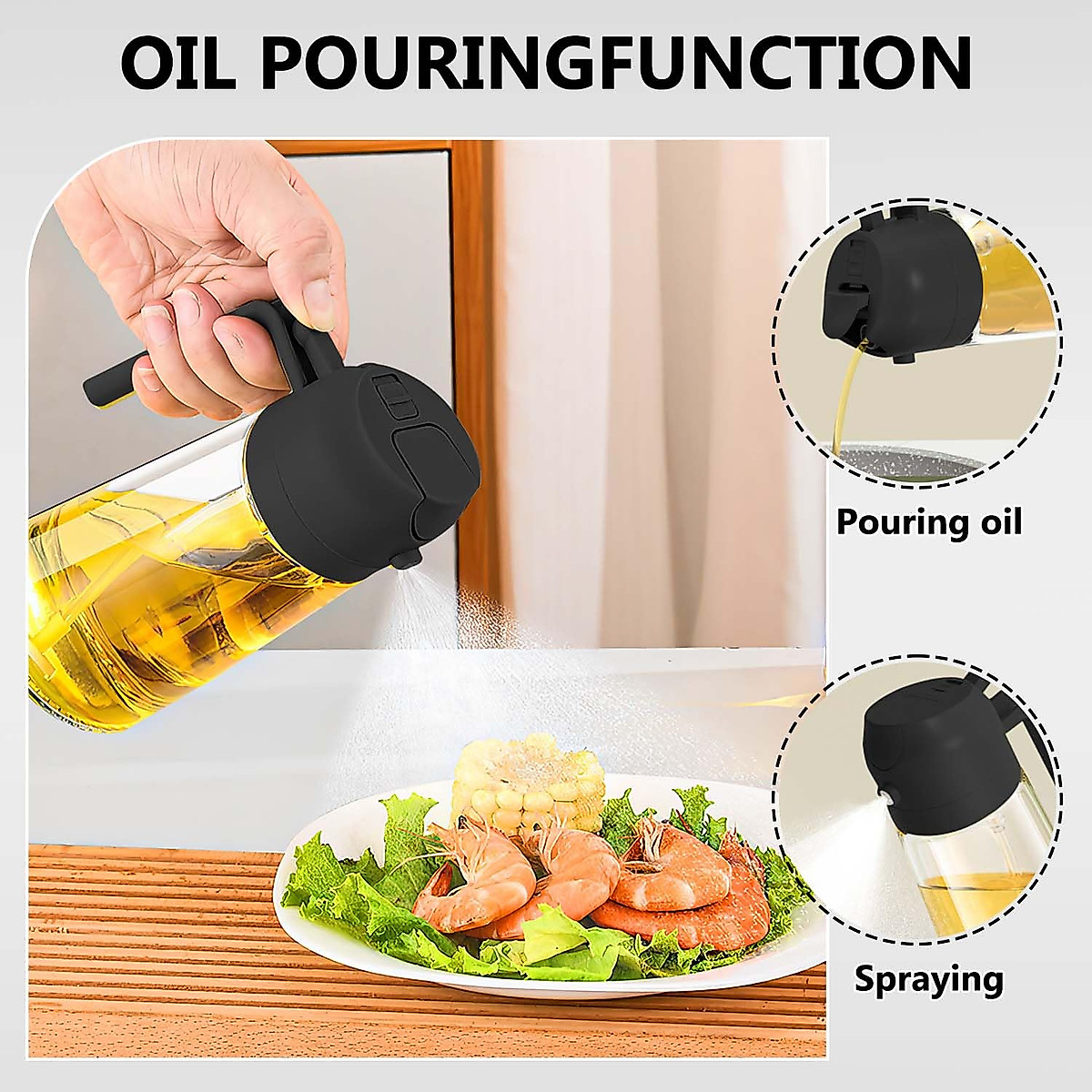 MISEDI Oil Sprayer for Cooking,2 in 1 Glass Oil Sprayer & Dispenser,Oil Dispenser Bottle for Kitchen,Salad, Grilling, Roasting, Baking (Black)