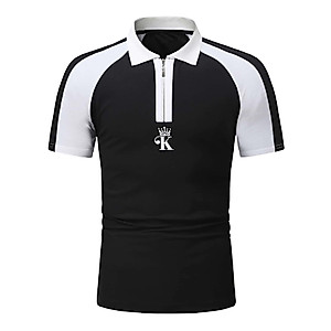 GORGLITTER Men's Color Block Letter Graphic Polo Shirt Zipper Raglan Short Sleeve Collar Tops Black Small
