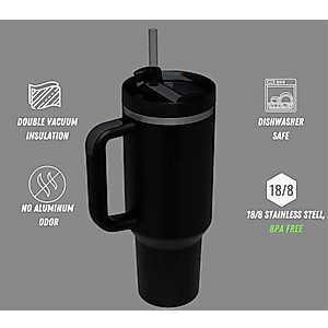 SEDBRÖS 40 Oz Tumbler With Handle And Straw Insulated Stainless Steel Travel Mug With Lid For Hot And Cold Drinks Quencher With Lid And Straw Leak Proof Spill Proof Pure Black