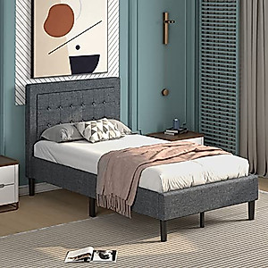 Giantex Upholstered Bed Frame, Modern Platform Bed w/Button Tufted Headboard, Solid Slats Support Mattress Foundation, No Box Spring Needed, Easy Assembly, Noise-Free Design, Twin, Grey