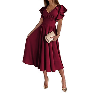 LYANER Women's Wrap V Neck Ruffle Short Sleeve A Line Swing Flared Cocktail Party Midi Dress Wine Red Medium