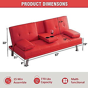 Futon Sofa Bed, Multifunctional Foldable Recliner Faux Leather Sleeper Sofa w/ 2 Cup Holders, Loveseat Daybed Guest Bed for Compact Living Spaces, Apartments, Dorms, w/Removable Armrests,Red