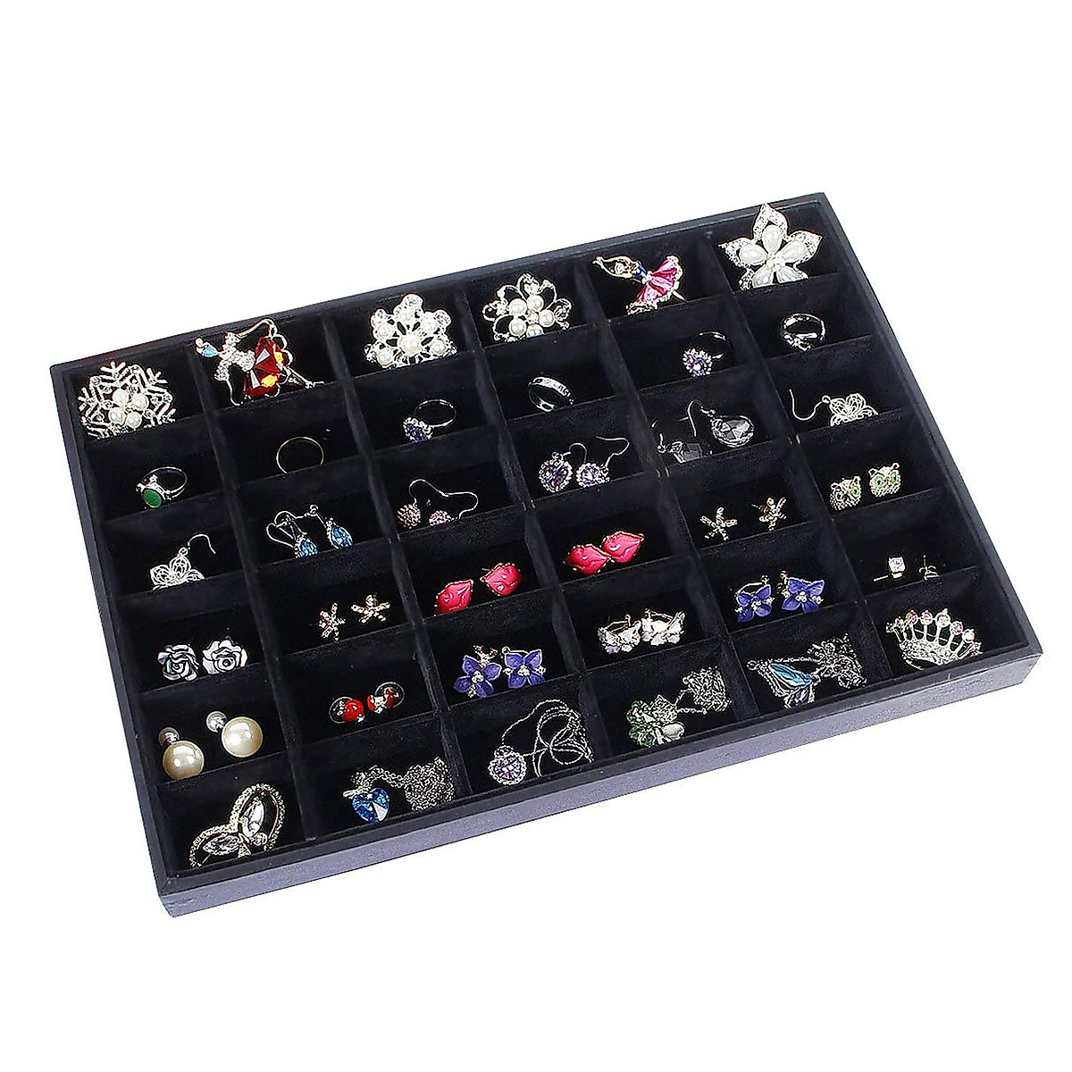 Black Velvet Stackable 36 Compartments Jewelry Tray Showcase Display Organizer Holder Rectangle Storage Box Case Containers Chest for Women Gemstone,Pendant,Key,Marble,Crystal Stone,Accessory,Diamond