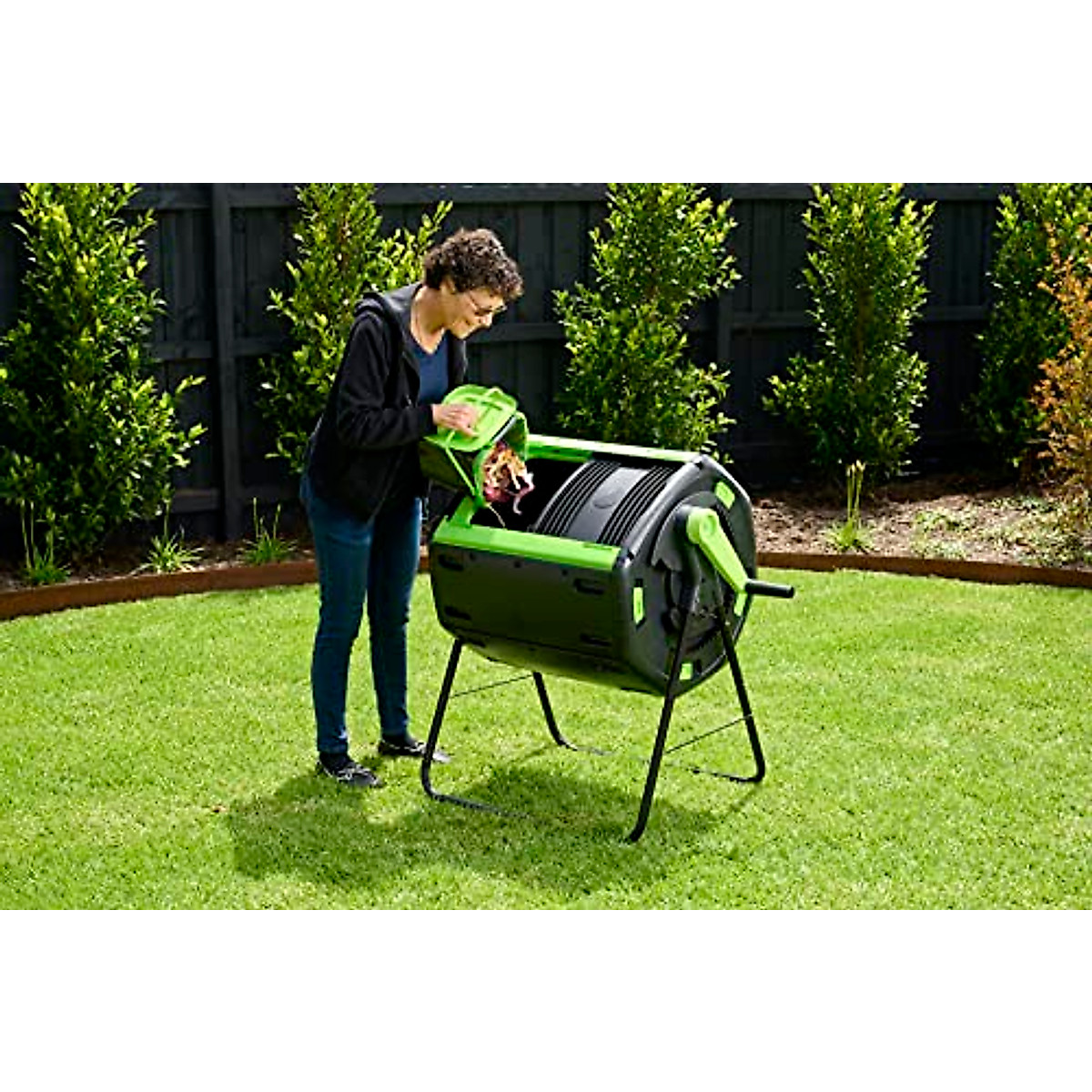 MAZE 48 Gallon Geared Two Compartment Compost Tumbler and MAZE Compost Cart