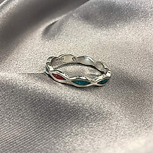 Southwestern Style Oval Turquoise and Coral Gemstone 4mm 925 Sterling Silver Infinity Band Ring for Women Size 8