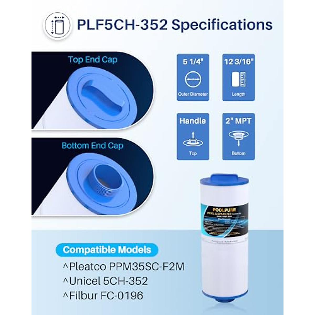 POOLPURE 5CH-352 Spa Filter Replaces PPM35SC-F2M, Marquis Spa 20042, 20092, 70-0240, 370-0242, 370-0243, Filbur FC-0196, 2" Male Thread/MPT Hot Tub Filter, 2 Pack