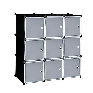 VINGLI Cube Storage, 9 Cubes Organizer Shelves Plastic Closet Cabinet, DIY Modular Storage Cube Organizer w/White Doors for Bedroom Living Room Office, Black