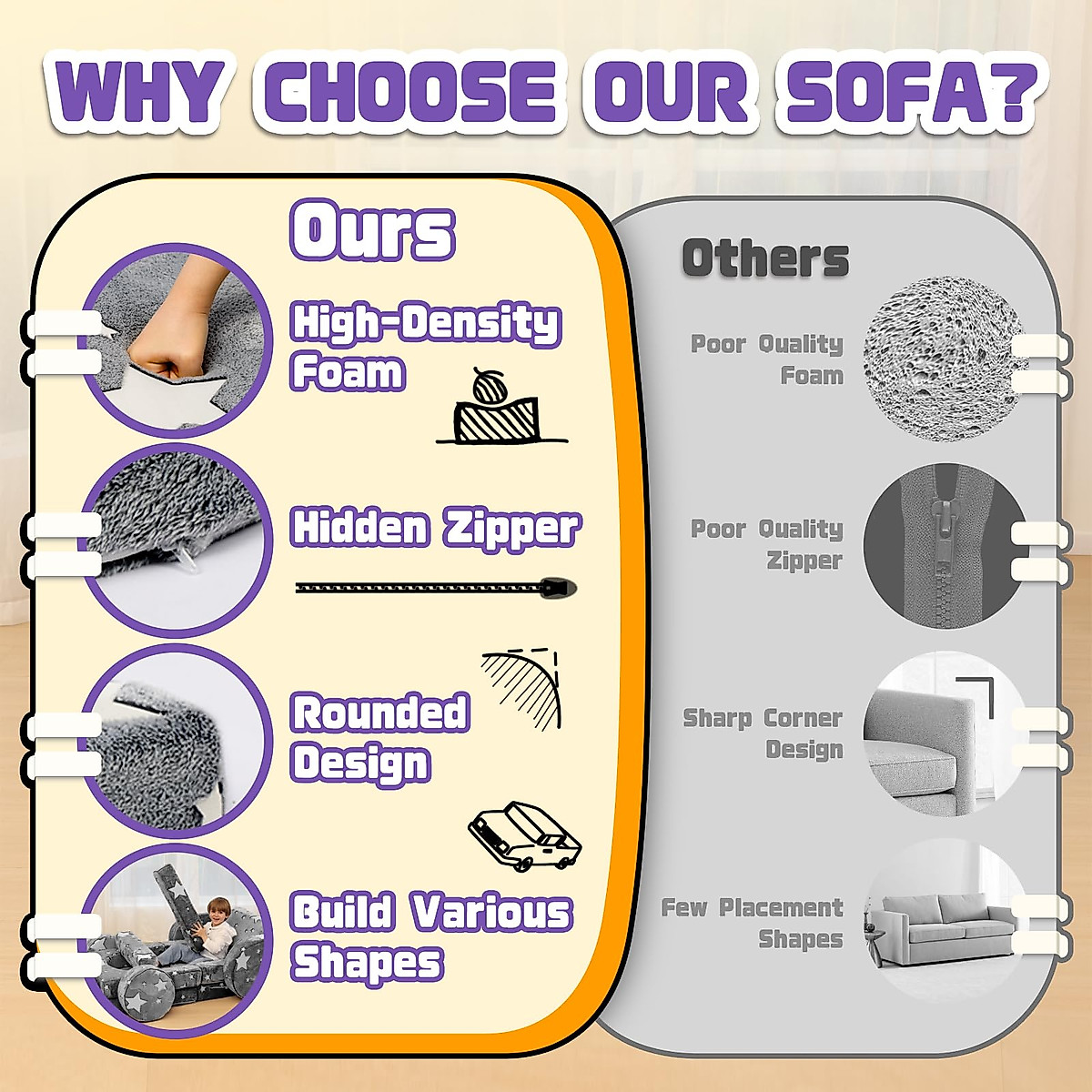 Edbuosy 12pcs Large Kids Couch, Modular Kids Play Couch for Playroom Bedroom, 12 in 1 Glow Kids Sofa for Playing, Creativing, Sleeping, Indoor Toddler Couch for Boys and Girls