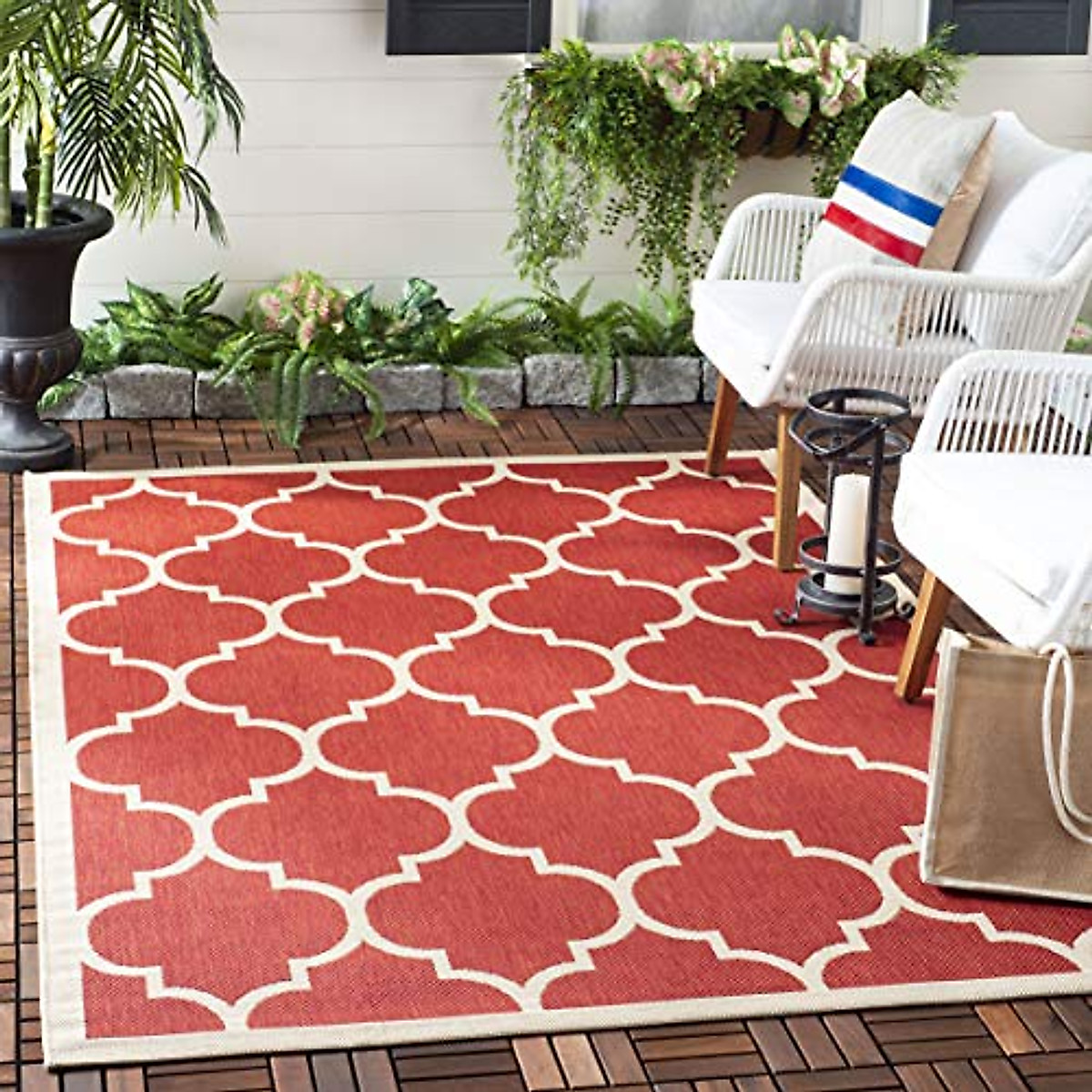 SAFAVIEH Courtyard Collection 6'7' x 9'6' Red/Bone CY6914 Trellis Indoor/ Outdoor Patio Backyard Mudroom Area Rug