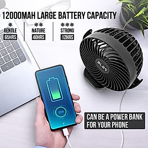 Portable Fan - 65H 12000mAh Tent Fans for Camping - Camping Fan Rechargeable Use As Power Bank, Battery Powered Fan with Hanging Hook, Camping Fans for Tents, Rechargable Fan for Camping, Black