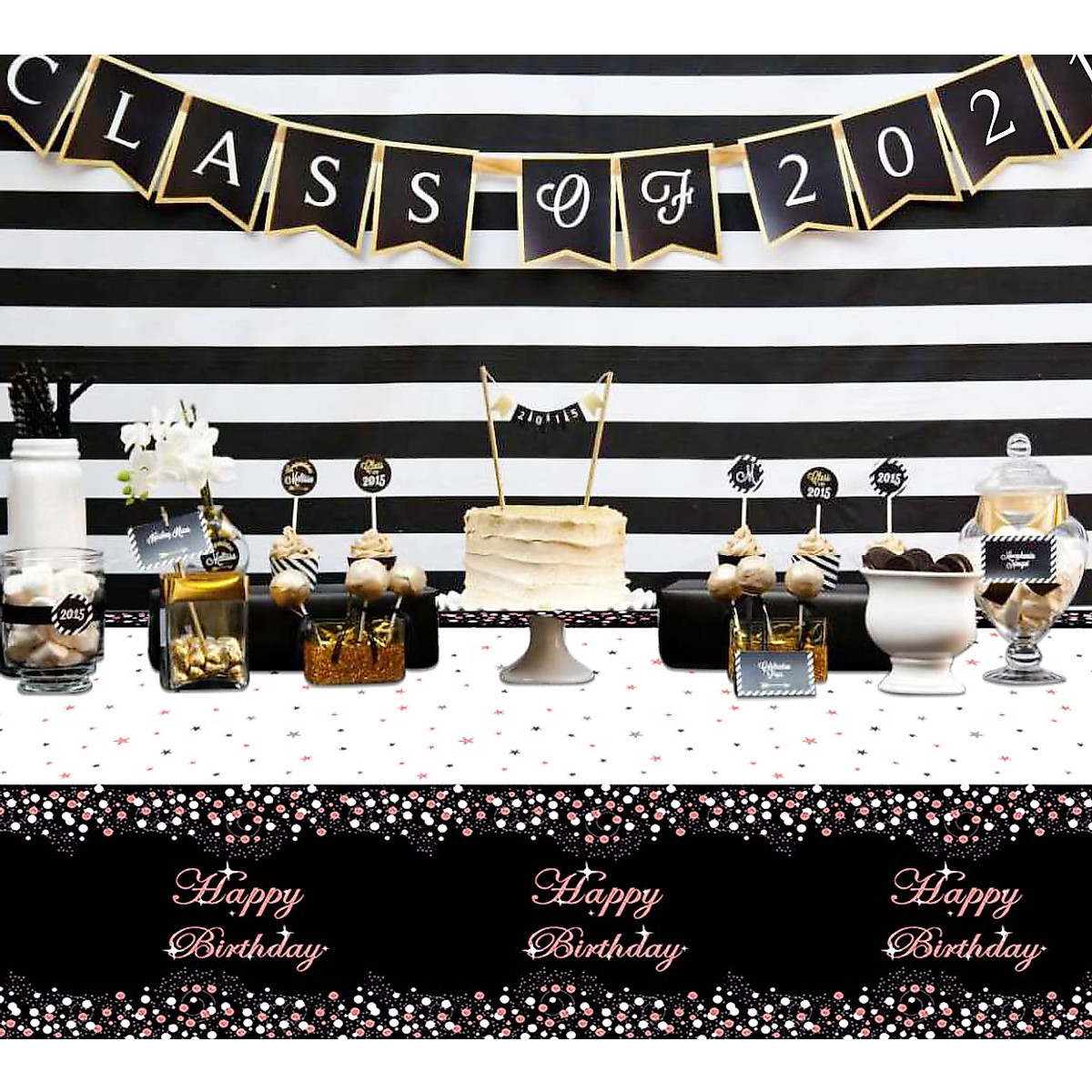 3 Pack Black and Rose Gold Tablecloth Party Decorations - Plastic Disposable Birthday Tablecloth, Black and Rose Gold Confetti Rectangle Table Cover, Table Cloths 51"x86" for Birthday Party Supplies