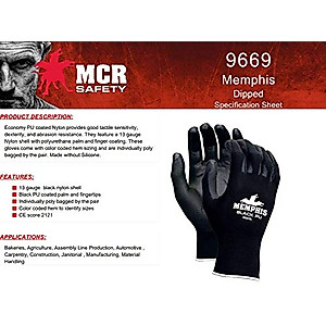 MCR Safety Work Gloves 13 Gauge Black Nylon Shell, Black Polyurethane Palm and Fingers, 9669 (12 Pair) (XL)