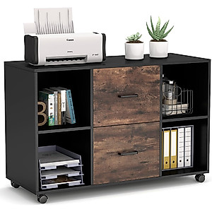 Tribesigns 2 Drawer File Cabinet, Large Mobile Lateral Filing Cabinet for Letter Size, Printer Stand with Storage Shelves and Rolling Wheels for Home Office (Black/Rustic)