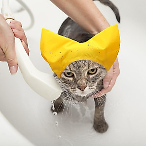 Pet Shower Cap - Waterproof Shower Caps for Sphynx Reusable Cats Ear Protection Bath Cap with Adjustable Strap Ear Covers for House Cats Small Dogs Puppy Pet Grooming Accessories (Yellow)