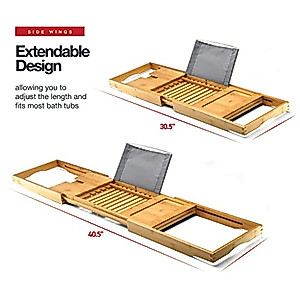 Luxury Bathtub Tray Caddy - Foldable Waterproof Bath Tray & Bath Caddy - Wooden Tub Organizer & Holder for Wine, Book, Soap, Phone Luxury Gift For Men & Women - Expandable Size, Fits Most Tubs Home It