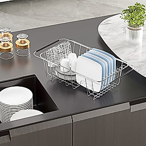 JAQ Small Dish Drying Rack in Sink Adjustable 14.96" to 20.59", Expandable 304 Stainless Steel Metal Dish Drainer Rack Organizer with Stainless Steel Utensil Holder Over Sink Counter (for 1-2 People)