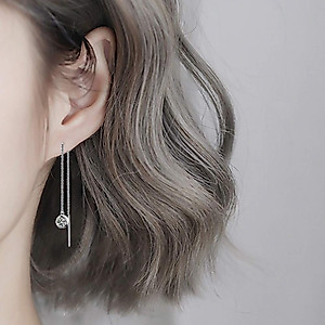 Women 925 Sterling Silver Brilliant Round Cut CZ Needle Threader Pull Through Dangle Earrings