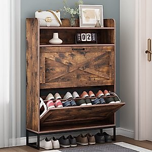 Auromie Shoe Cabinet, Freestanding Tipping Bucket Shoe Storage Cabinet with 2 Flip Drawers, Entryway Shoe Rack with Storage Top Cubby, Narrow Slim Hidden Shoe Organizer with Doors (Brown)