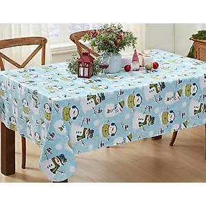 Newbridge Blue Snowy Snowman Print Flannel Back Vinyl Christmas Tablecloth - Cute Snowmen in Sweaters and Scarves Xmas Winter Holiday Wipe Clean Easy Care Tablecloth, 60” x 102” Oblong/Rectangle