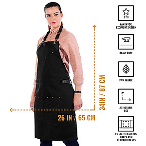 Under NY Sky Barista Apron - Black Leather Straps and Reinforcement - Riveted Pockets - Double Stiched - Leather Ring Loop - Professional Black Twill - Double as Half Bistro Apron - Chefs, Bartender