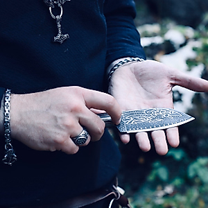 VikingsBrand Norse Viking-styled Knife - Huginn & Muninn Hand Forged Knife with Raven Engraving, Ergonomic Ash Wood Handle & Genuine Leather Sheath Holder - 4.7" Long Blade, 4.3" Handle