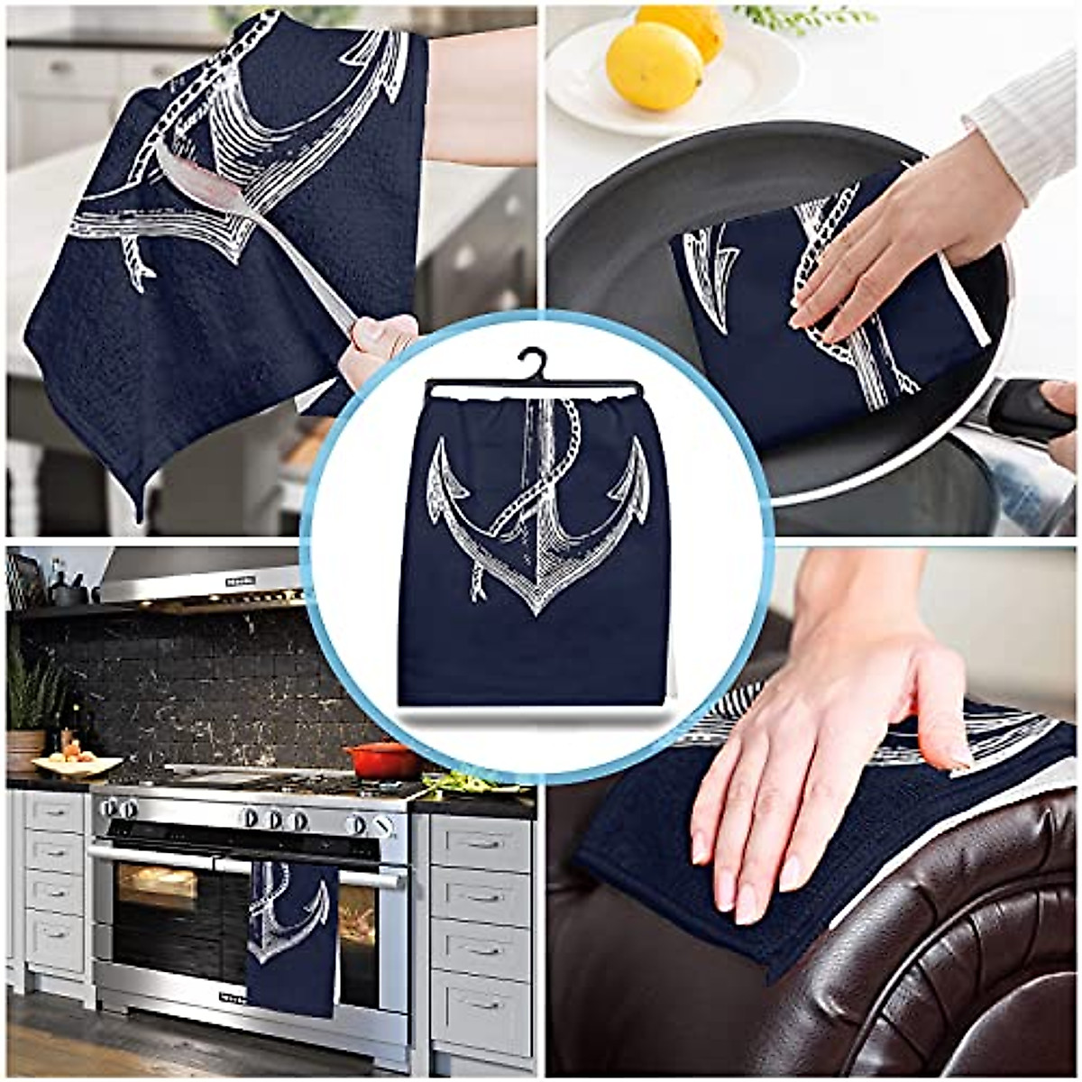 Big buy store White Nautical Anchor Kitchen Dish Towels Set of 2, Soft Lightweight Microfiber Absorbent Hand Towel Navy Blue Tea Towel for Kitchen Bathroom 18x28in