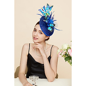 Gionforsy Butterfly Fascinator Hat Feather Derby Tea Party Hat Monarch Butterfly Headband Fascinators for Wedding (Blue)