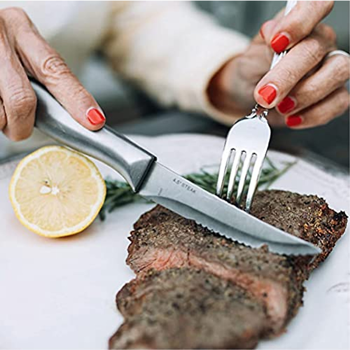 Emeril Lagasse Best Stainless Steel Steak Knife Set - 4.5” (Large Hallow Handles) - Serrated Steak Knife Set Kitchen Dinner Knifes Without Block (8-Piece)