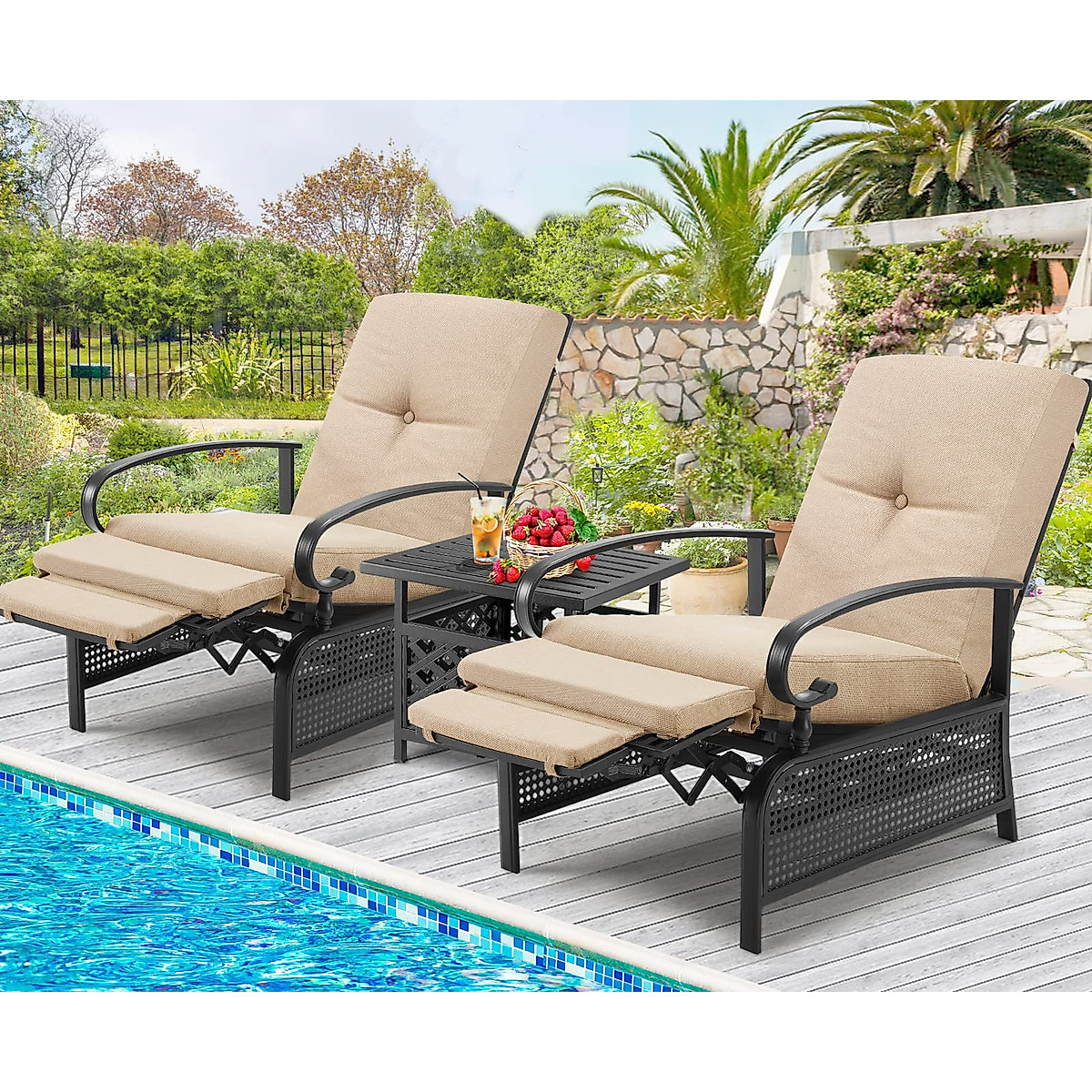 AECOJOY Outdoor Recliner Chair, Patio Outdoor Lounge Chairs with Adjustable Back, Pool Lounge Chairs with Beige Olefin Cushions (Removable)