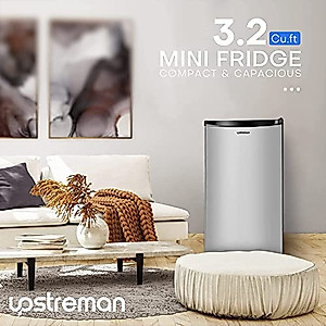 Upstreman 3.2 Cu.Ft Mini Fridge with Freezer, Single Door Mini Fridge, Adjustable Thermostat, Mini Refrigerator for Dorm, Office, Bedroom, Stainless Steel-SR321