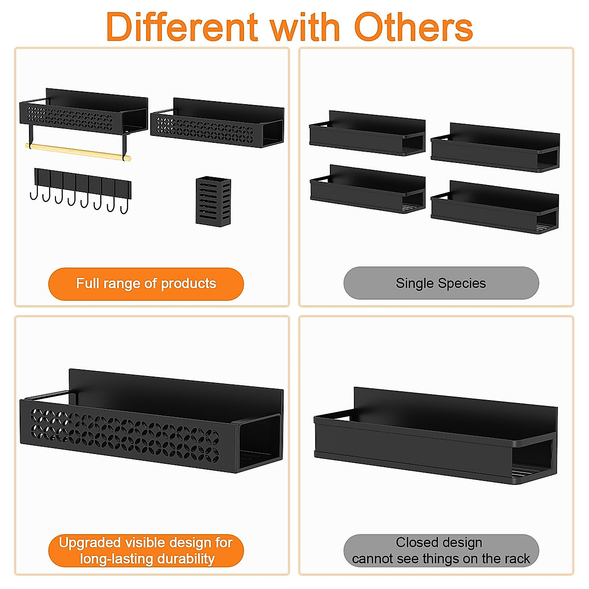 Magnetic Spice Rack for Refrigerator with Paper Towel Holder, 5 Pack Magnetic Shelf Fridge Spice Rack Organizer shelves, Moveable Metal Magnet Utensil Holder and 8-Hook Rack for Kitchen, Black