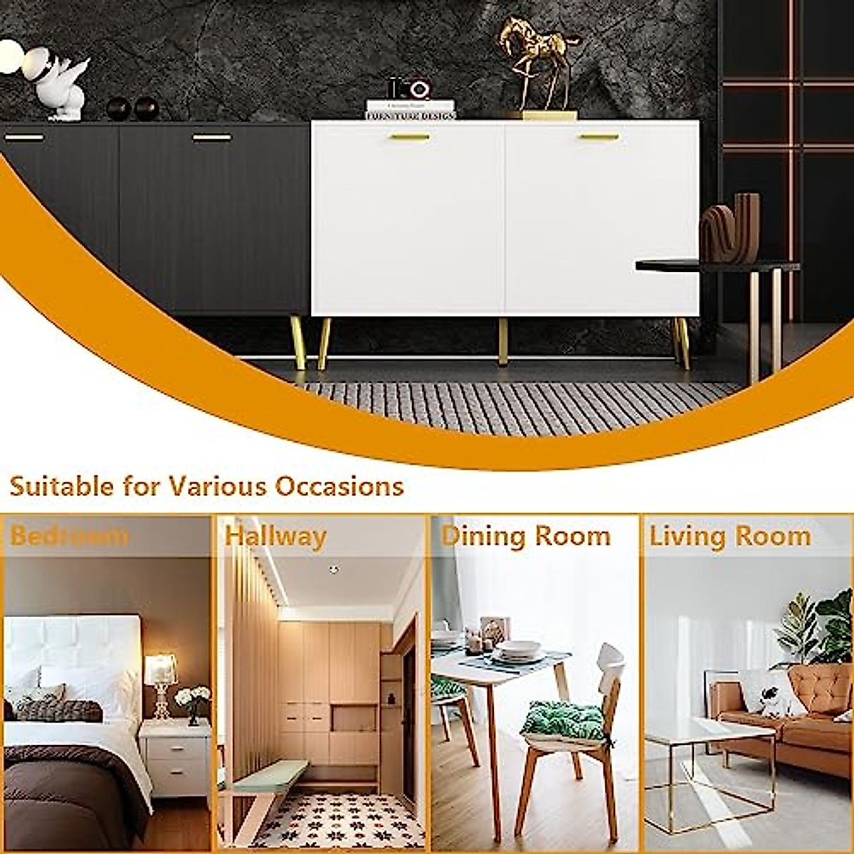 FAMAPY Modern Sideboard Buffet Storage Cabinet with Doors, Wood Buffet Table Kitchen Storage Cabinet with Gold Metal Legs, White (46.2”W x 15.6”D x 28.6”H)