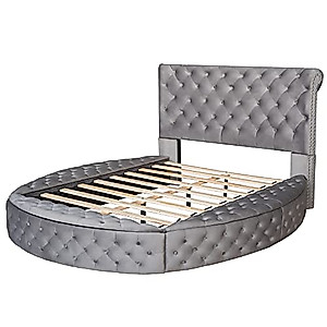Round Upholstered Full Beds with Storage Modern Velvet Platform Bed with Deep Button Tufting Headboard and Footboard Tufted Bed with Storage Compartments in Rails and Ottoman, Gray