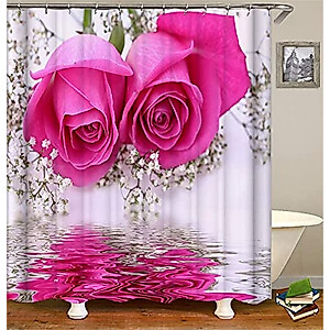 Flower Bathroom Shower Curtain Sets, Pink Water Roses Bathroom Sets with Shower Curtain and Rugs, Toilet Lid Cover and Bath Mat, Artistic Shower Curtains with Hooks