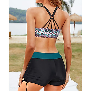 Yonique 3 Piece Womens Tankini Swimsuits with Shorts Athletic Bathing Suits Tank Tops with Bra and Boyshorts Blue Green Geometric XL