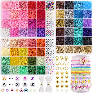 Funtopia 3mm 21600pcs Seed Beads for Jewelry Making, 60 Colors Small Glass Beads for Bracelets, Friendship Bracelet Kit with Alphabet Letter Beads, Evil Eye Beads for DIY, Art and Craft