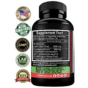 HCL HERBAL CODE LABS D-Mannose with Cranberry Extract Capsules 1500mg Super Strength Pills – Fast-Acting UTI Urinary Tract – Bladder Health Supplement