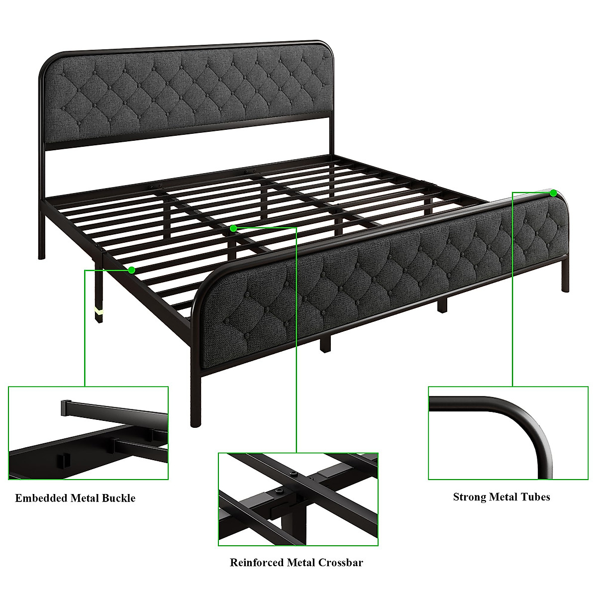 Feonase King Size Bed Frame with Linen Upholstered Headboard, Heavy Duty Metal Platform Bed with 12" Under-Bed Storage Space, No Box Spring Required, Easy to Assemble, Gray