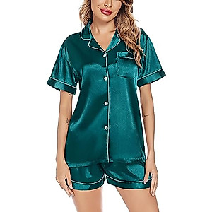 SWOMOG Woman Silk Pajamas Sets Button-Down Satin Loungewear Sleepwear 2 Pieces PJs Sets Cute Bridemide Mightwear Green
